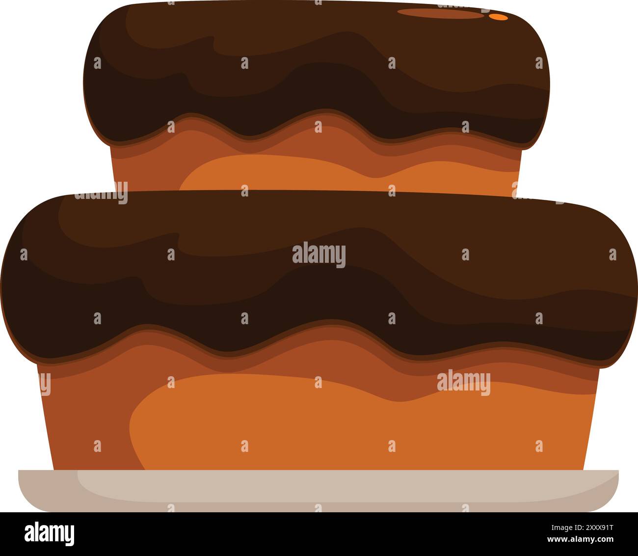 Two tier cake covered with dripping chocolate icing standing on a plate ...