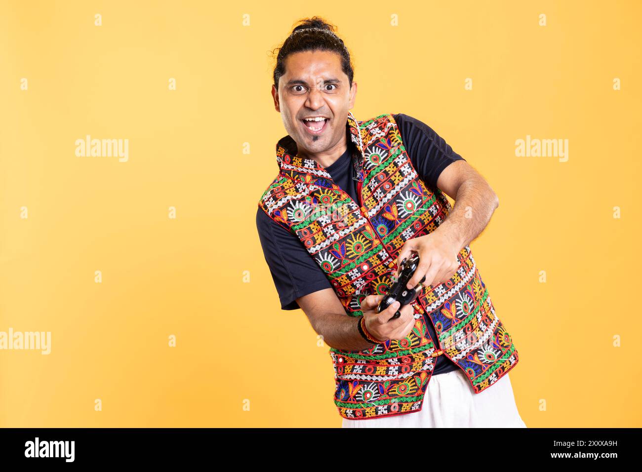 Portrait of euphoric gamer feeling rush while killing foes in videogame ...