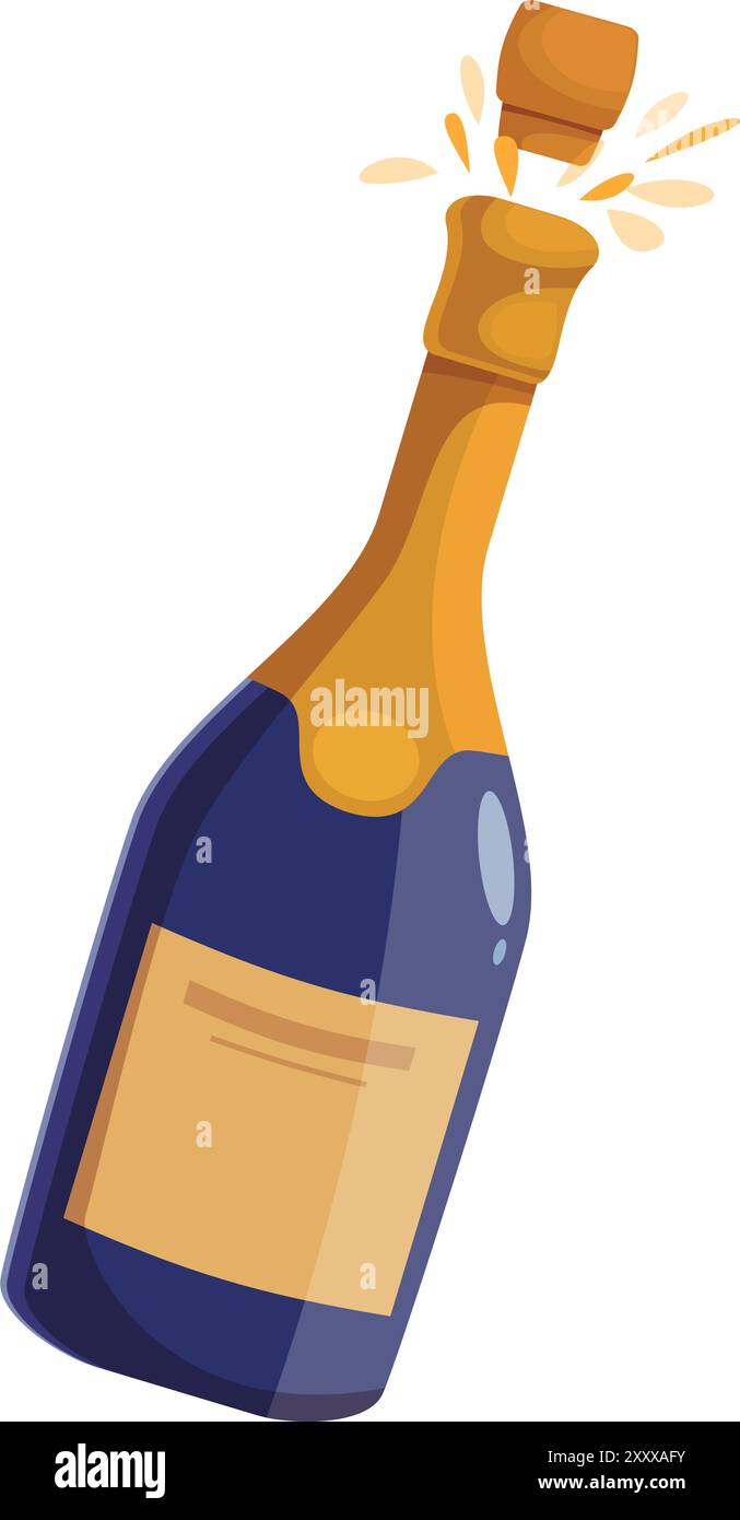 Champagne bottle popping its cork with golden bubbles flowing out ...