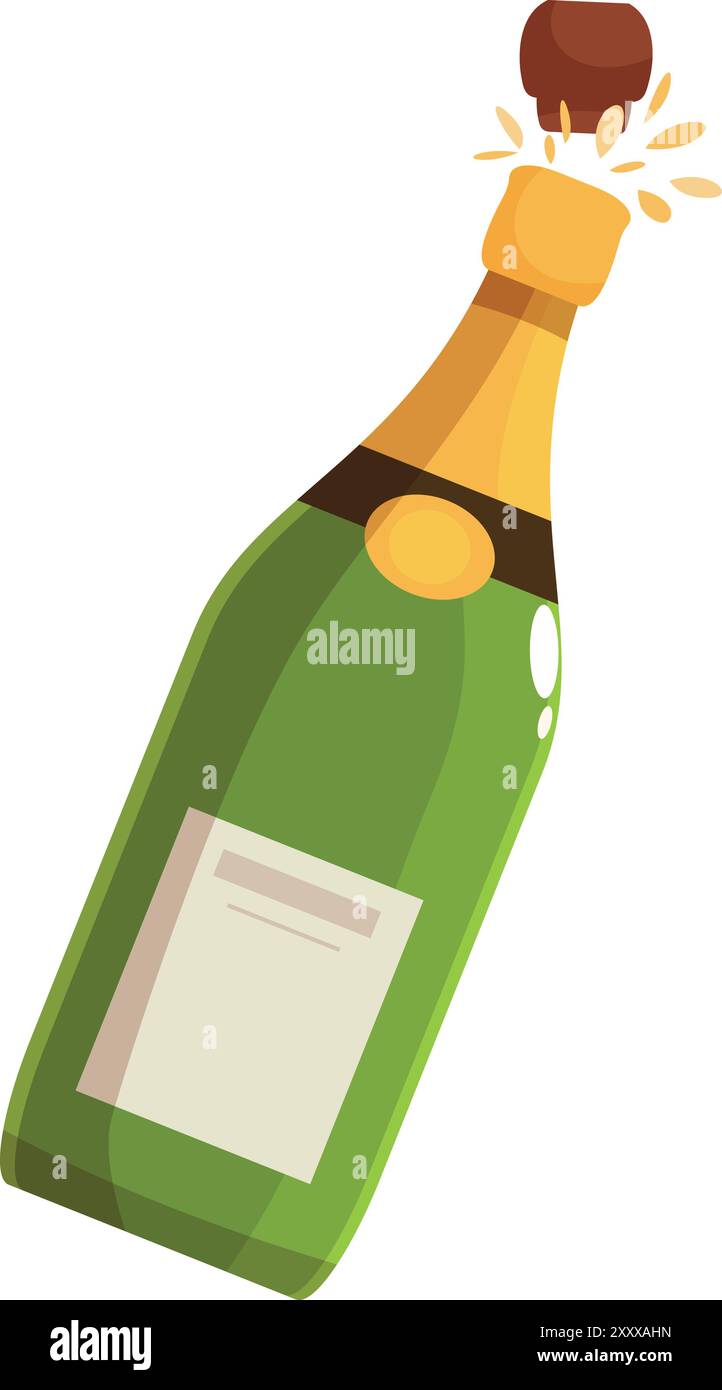 Cartoon champagne bottle popping its cork, celebrating a special ...
