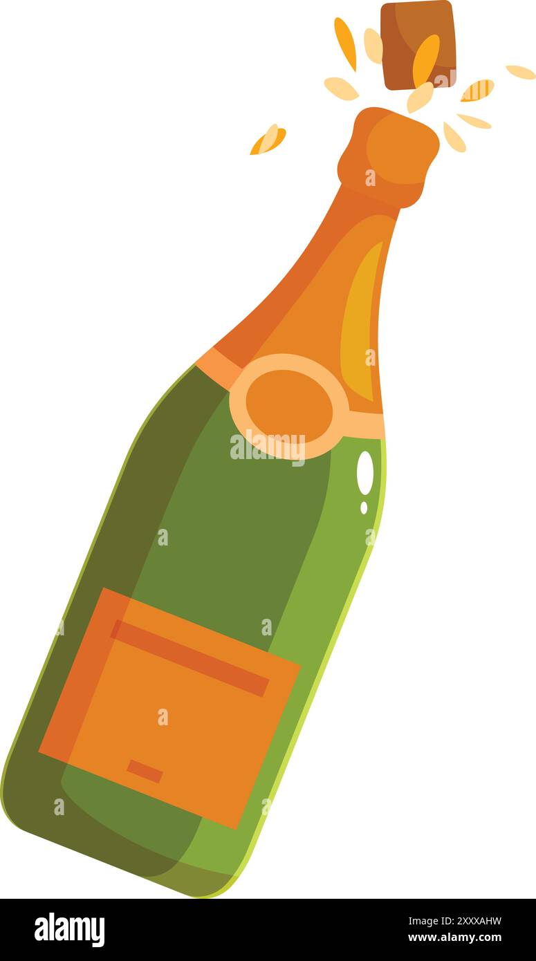Green champagne bottle popping its cork with a golden label ...