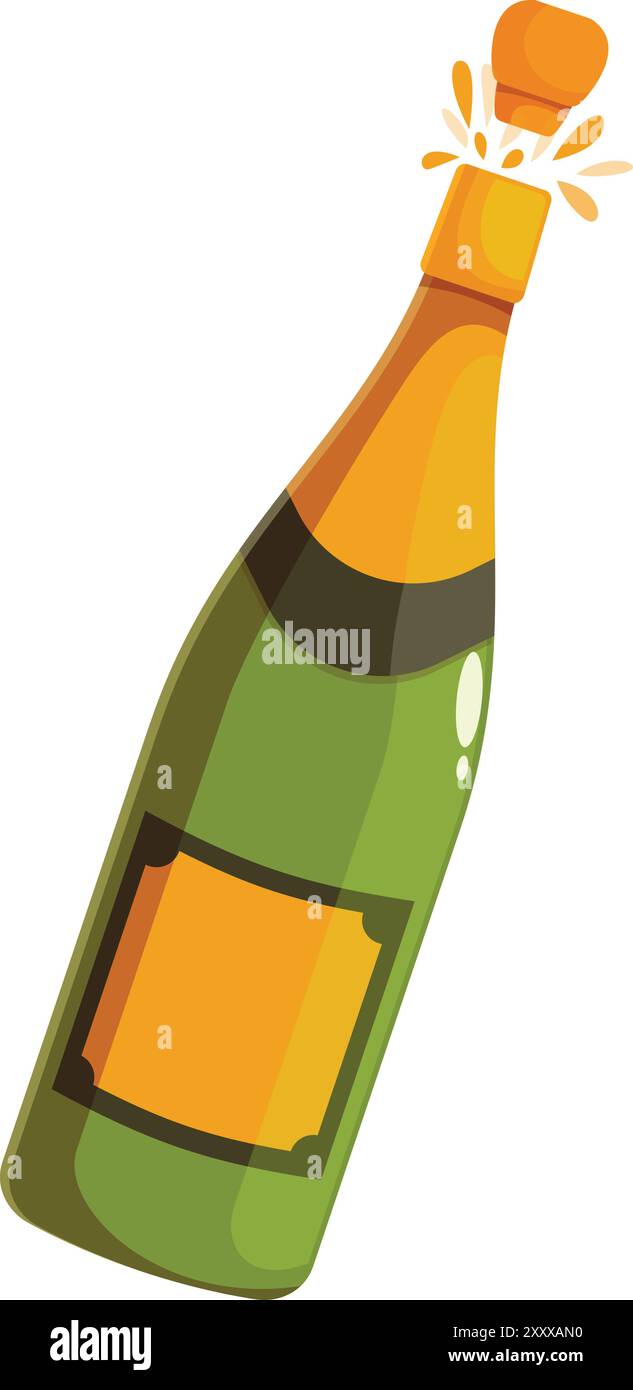 Green cartoon champagne bottle popping its cork, splashing with a ...