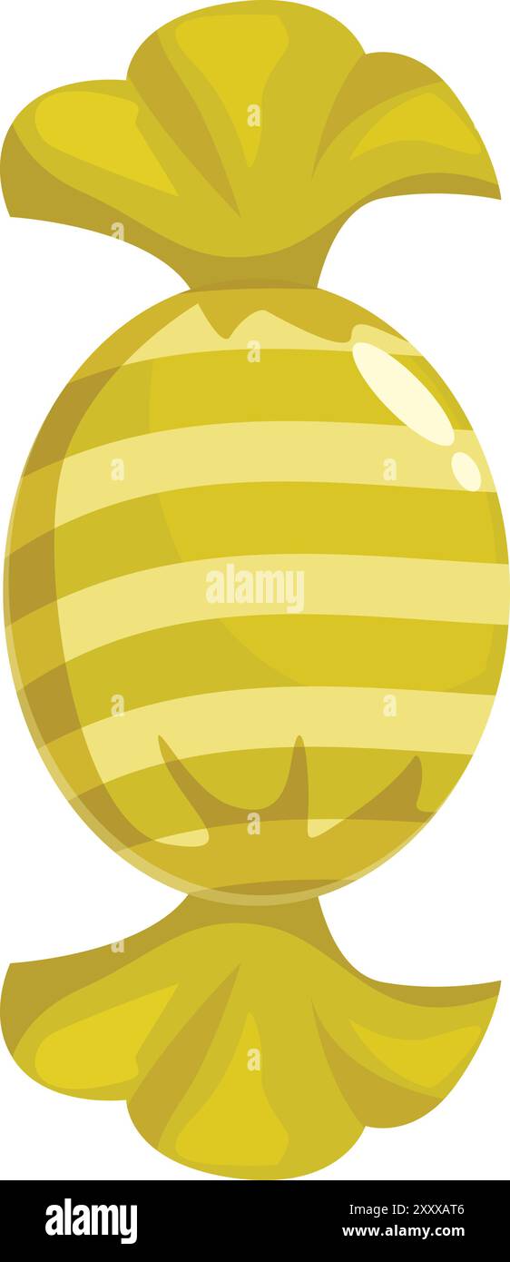 Sweet yellow round candy with stripes being wrapped in foil packaging ...