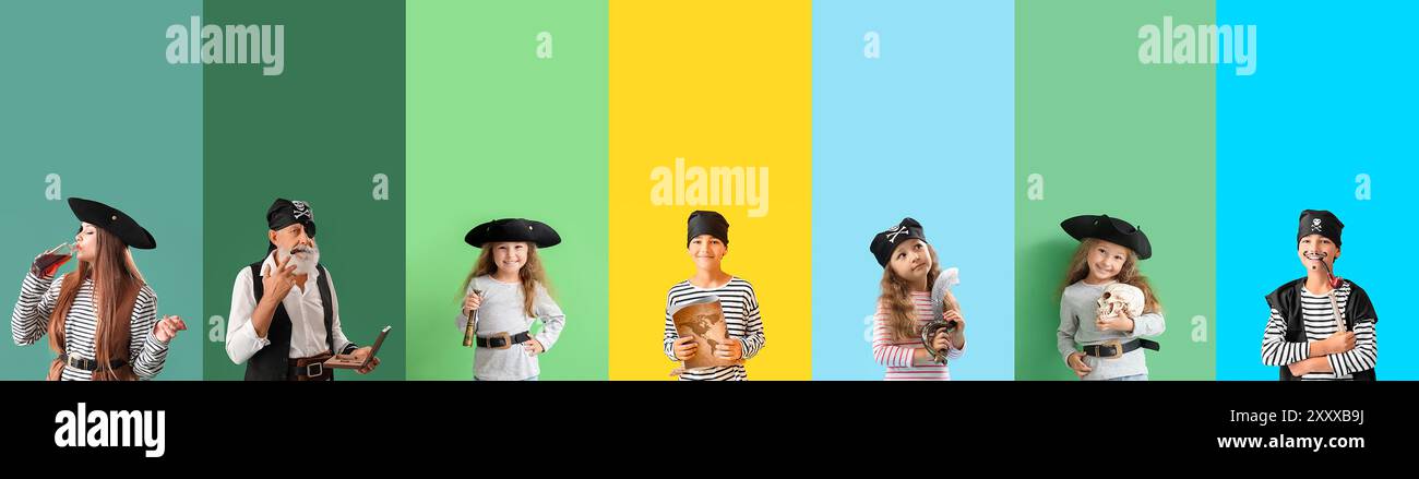 Set of many different people dressed as pirates on color background ...
