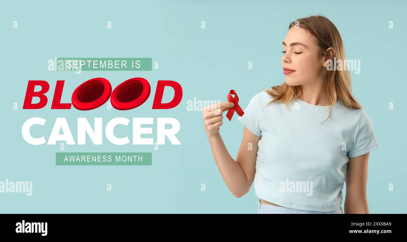 Woman with red ribbon on light blue background. Banner for Blood Cancer ...