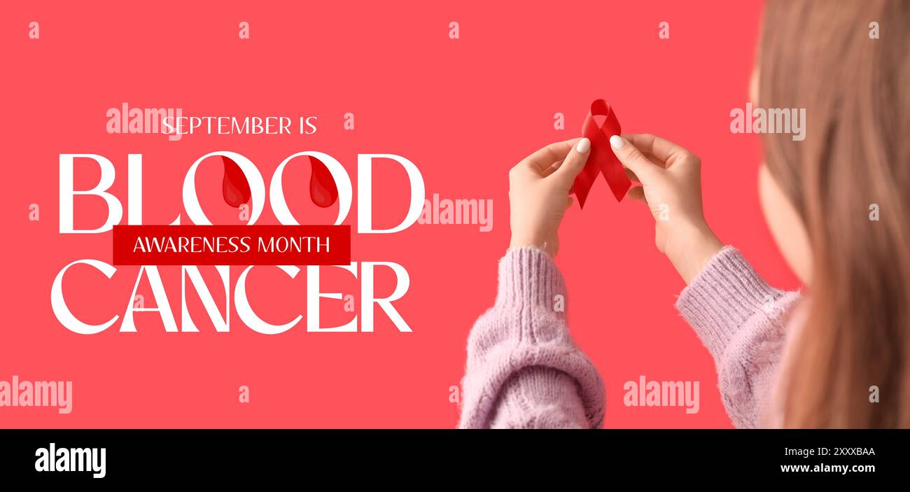 Woman with red ribbon on color background. Banner for Blood Cancer ...