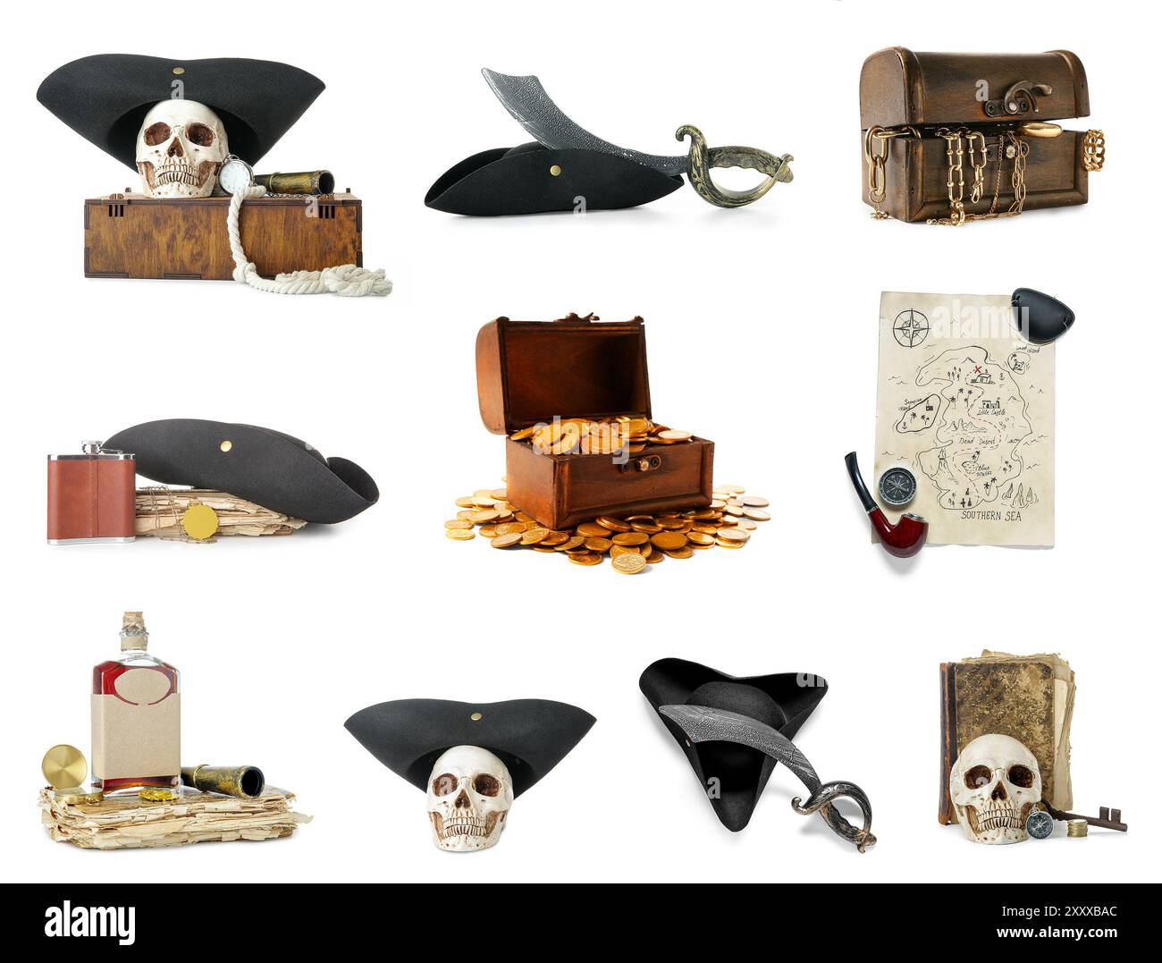 Set of pirate attributes on white background Stock Photo - Alamy