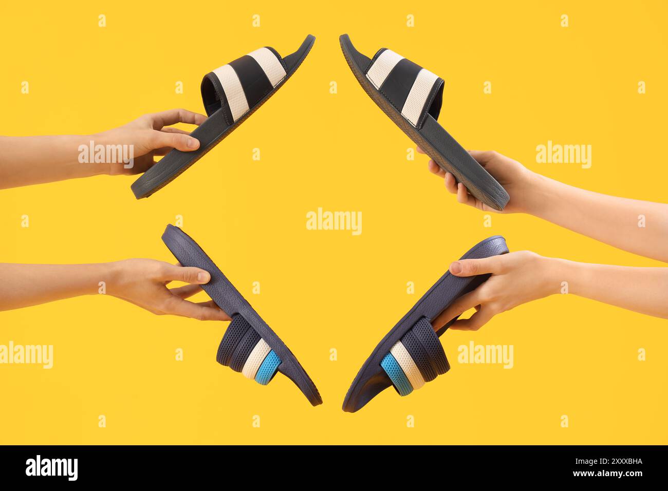 Hands with flip-flops on yellow background Stock Photo - Alamy