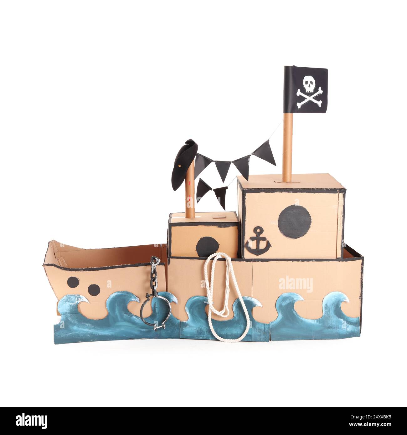Pirate cardboard ship on white background Stock Photo - Alamy