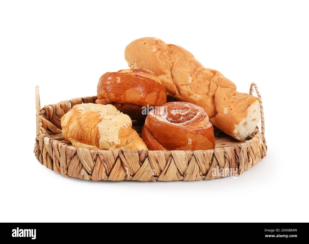 Wicker basket with different pastry isolated on white background Stock ...