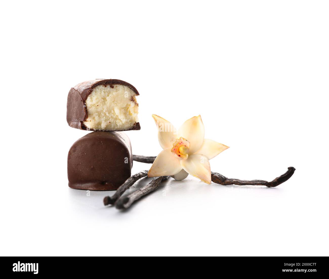 Tasty chocolate glazed curd snacks with vanilla flavor on white ...