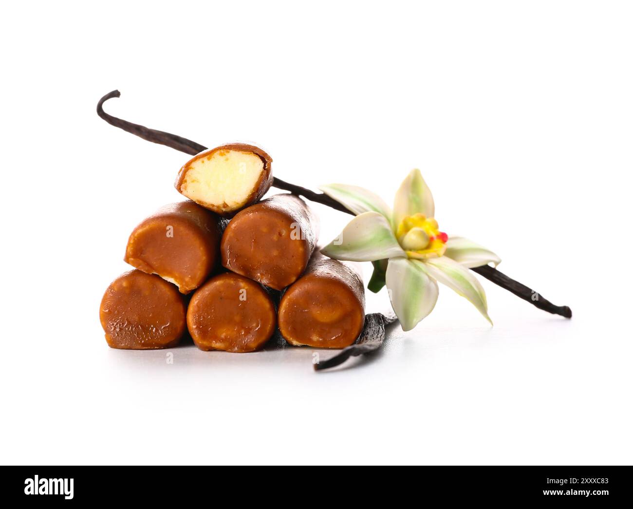 Tasty chocolate glazed curd snacks with vanilla flavor on white ...