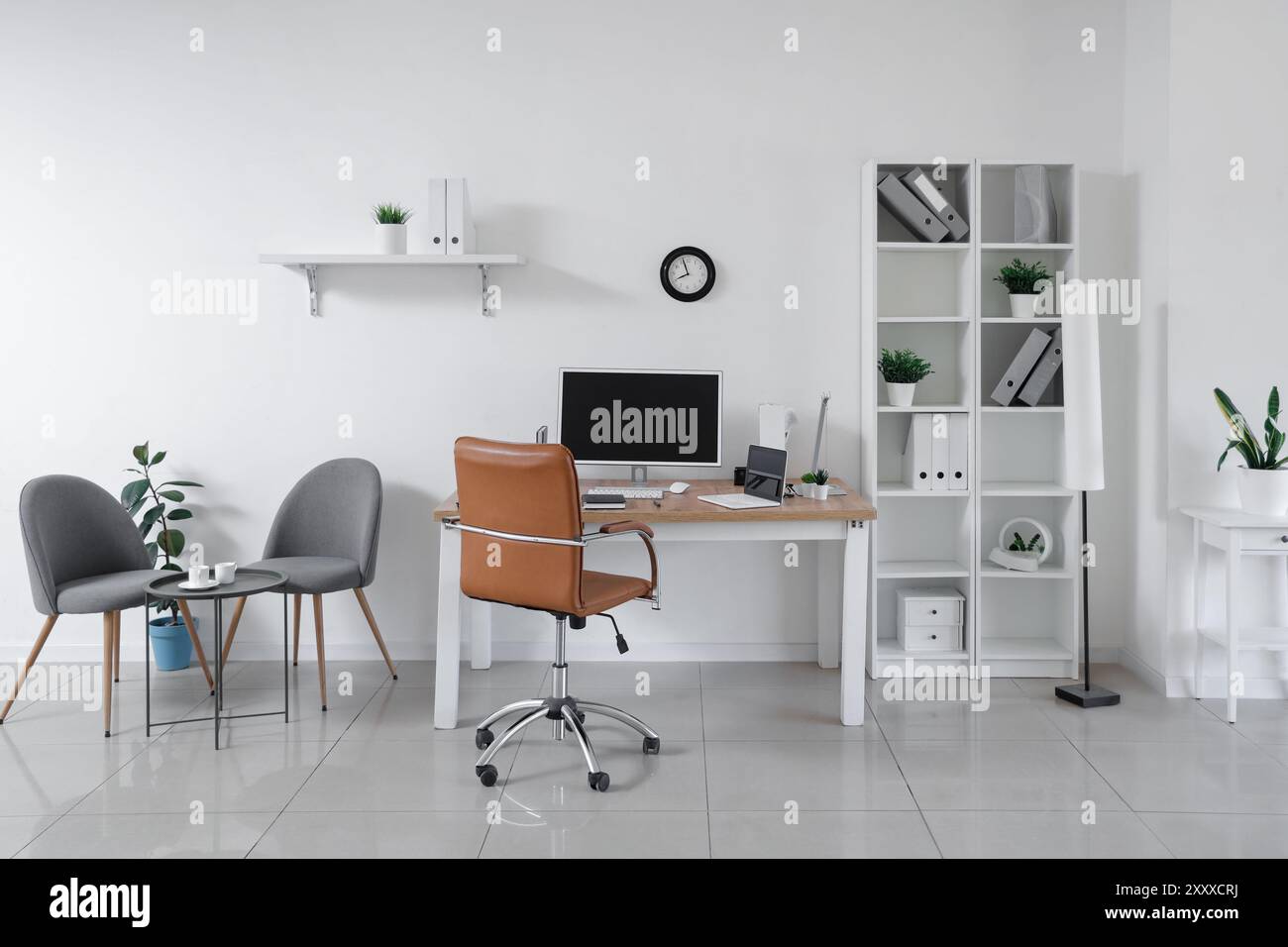 Stylish interior of light office with workplace, modern computer ...