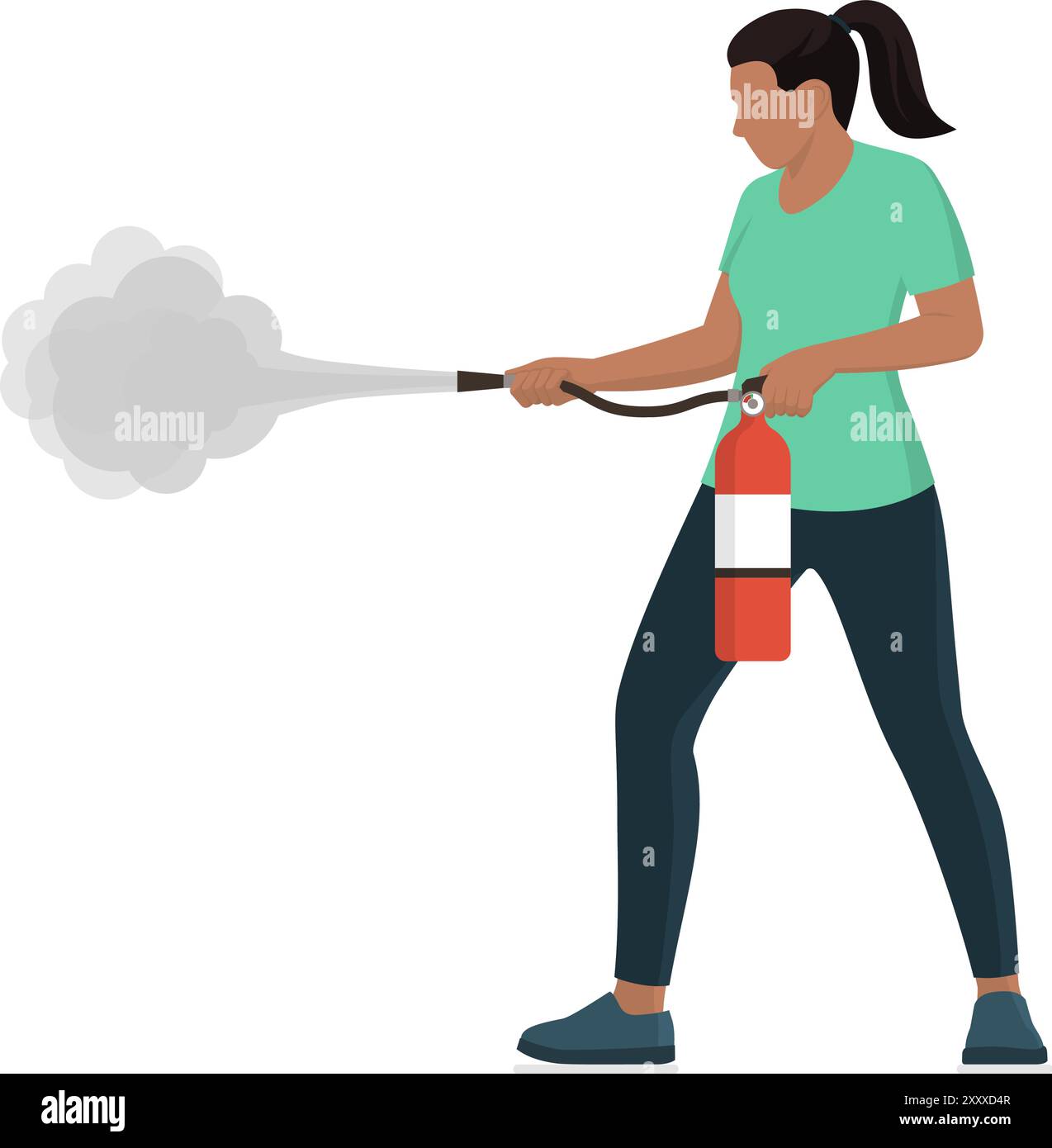 Woman using a fire extinguisher, she is pointing the nozzle towards ...