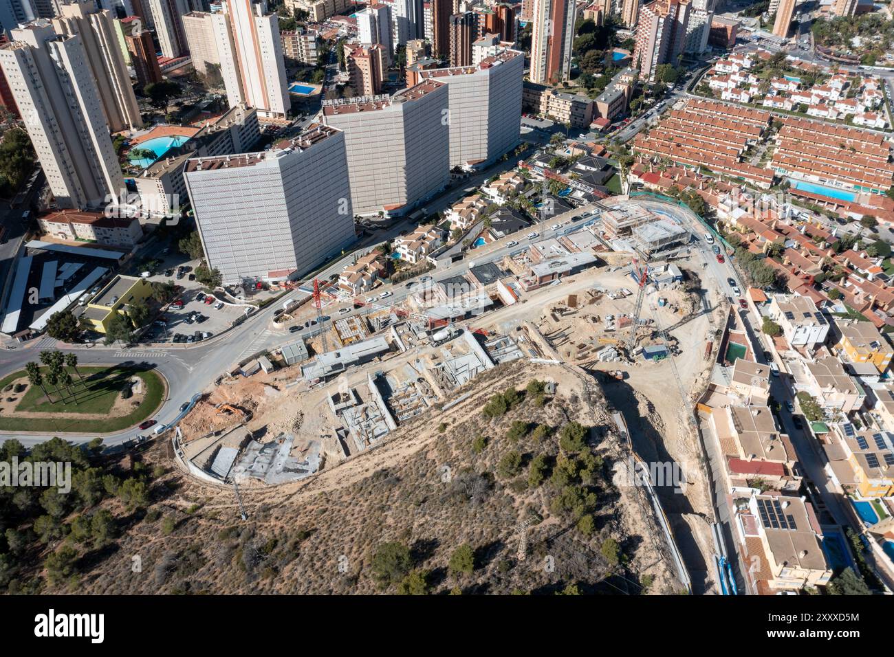 Aerial drone photo of the beautiful city of Benidorm in Spain in the summer time showing a ...