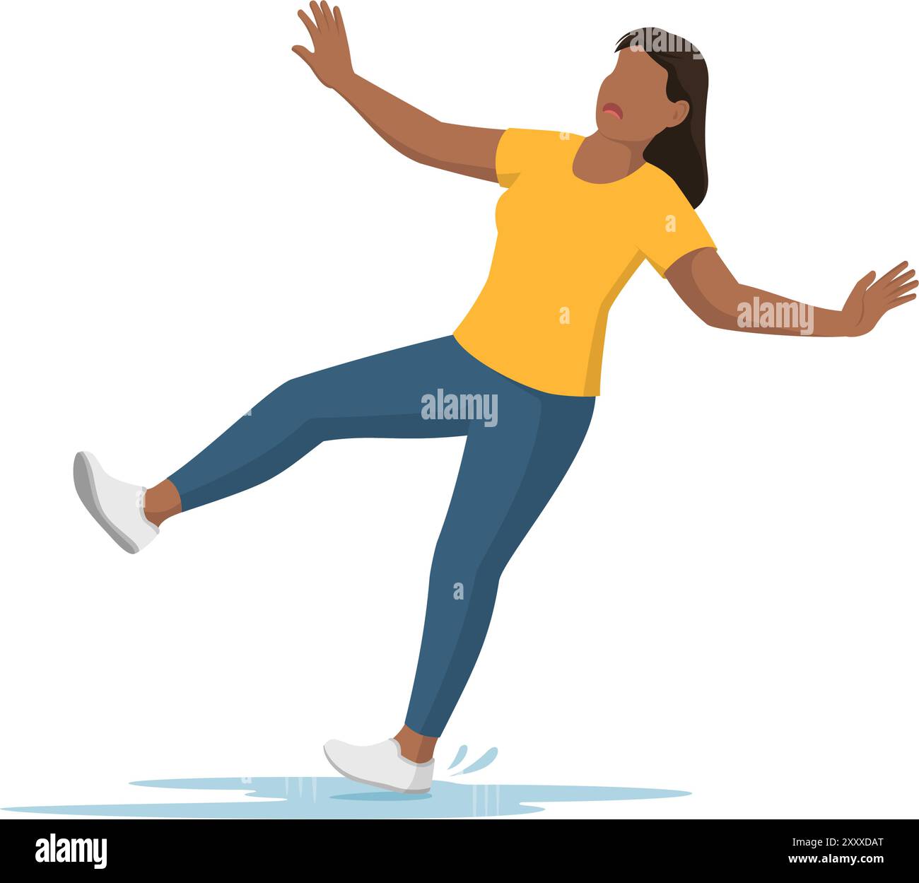 Shocked woman slipping on a wet floor, injuries and insurance concept ...