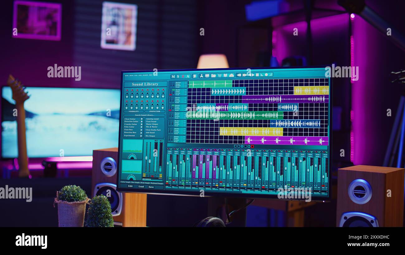 Empty home studio filled with recording and mixing instruments, electronic devices and daw ...