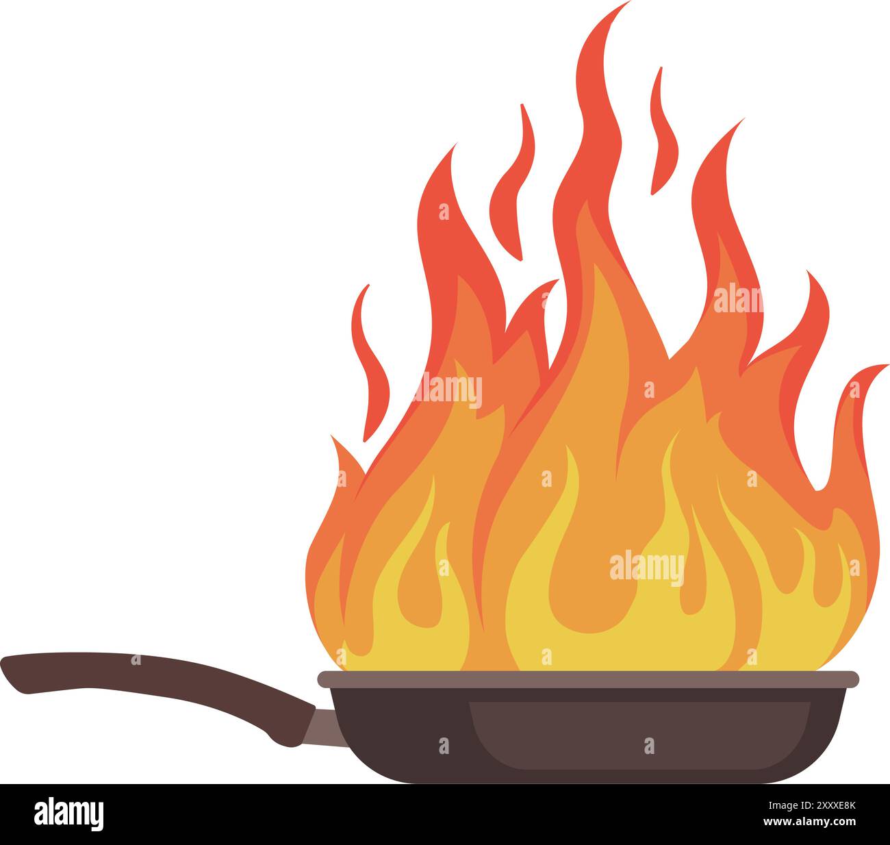 Household accident: food burning in a frying pan, isolated on white ...