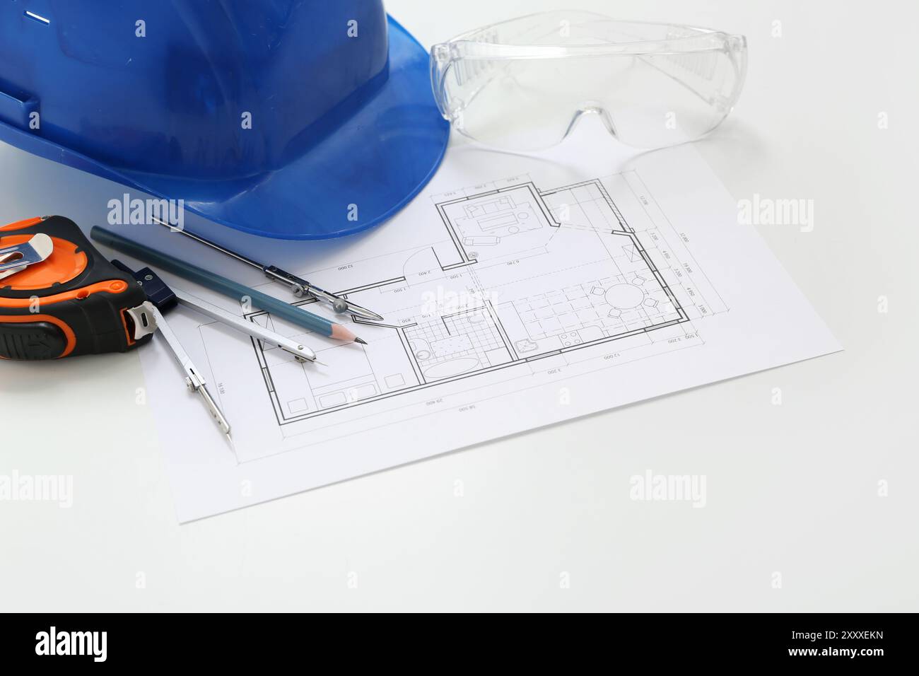 Architect's supplies with house plan on white background, closeup Stock ...