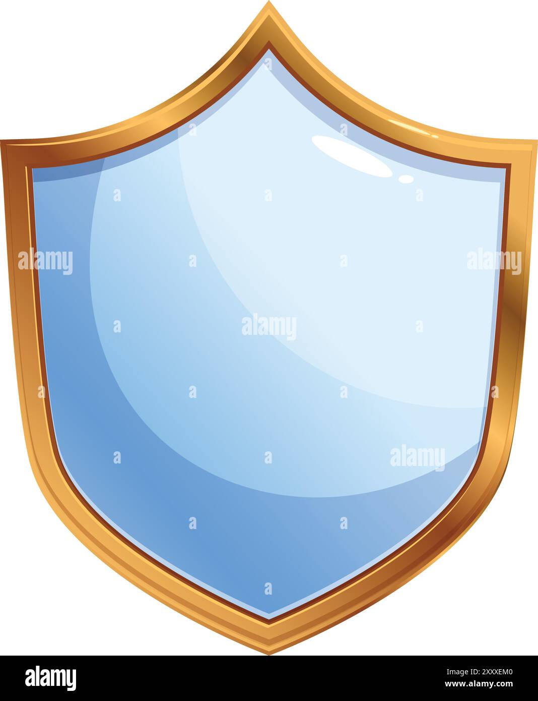 Cartoon style blue shield with golden frame providing safety and ...