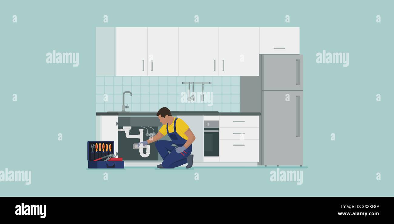 Professional plumber fixing a kitchen sink drain and checking the pipes ...