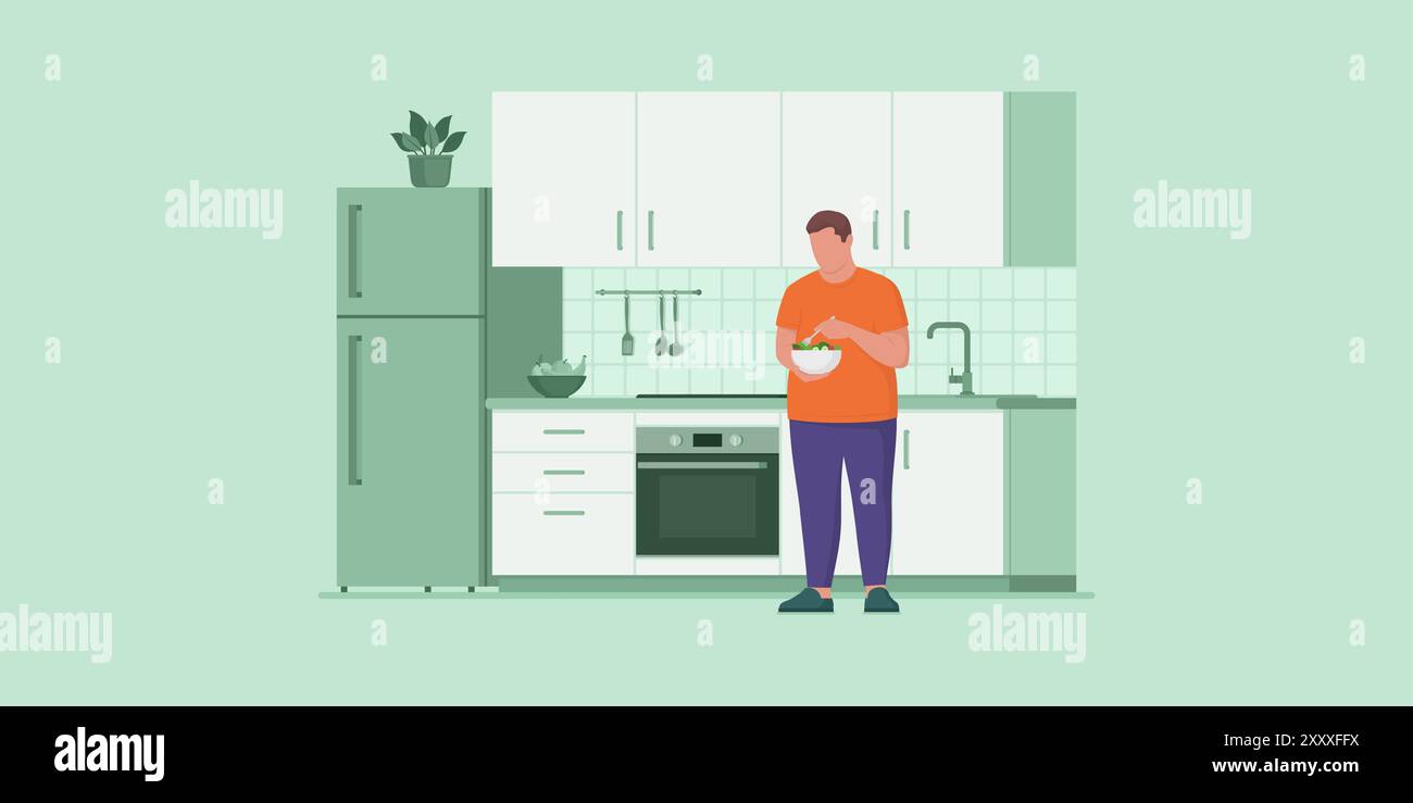 Fat obese man eating a salad in the kitchen at home, weight loss and ...