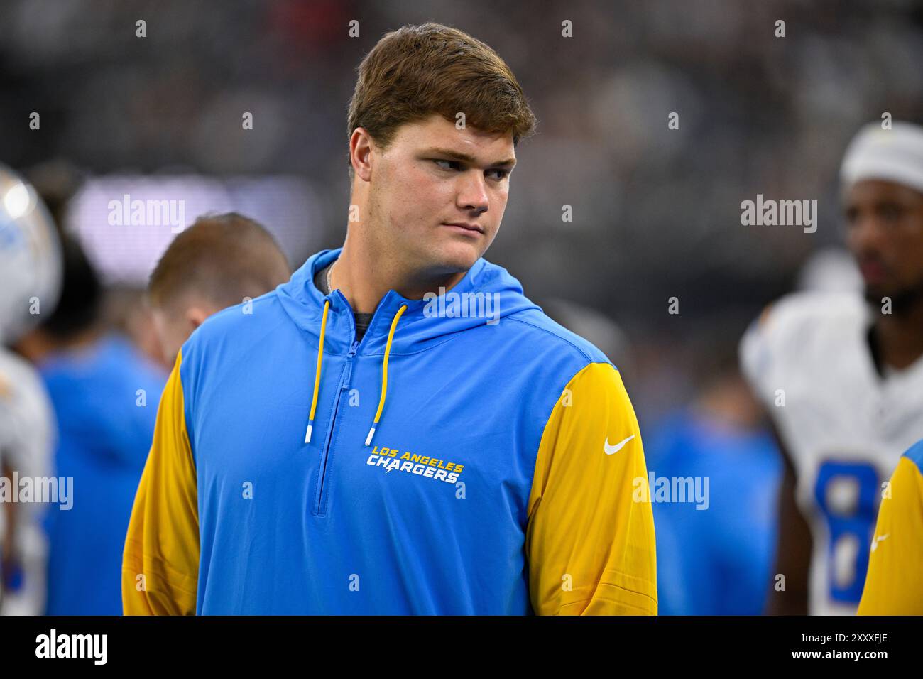 Los Angeles Chargers offensive tackle Joe Alt walks the sidelines ...