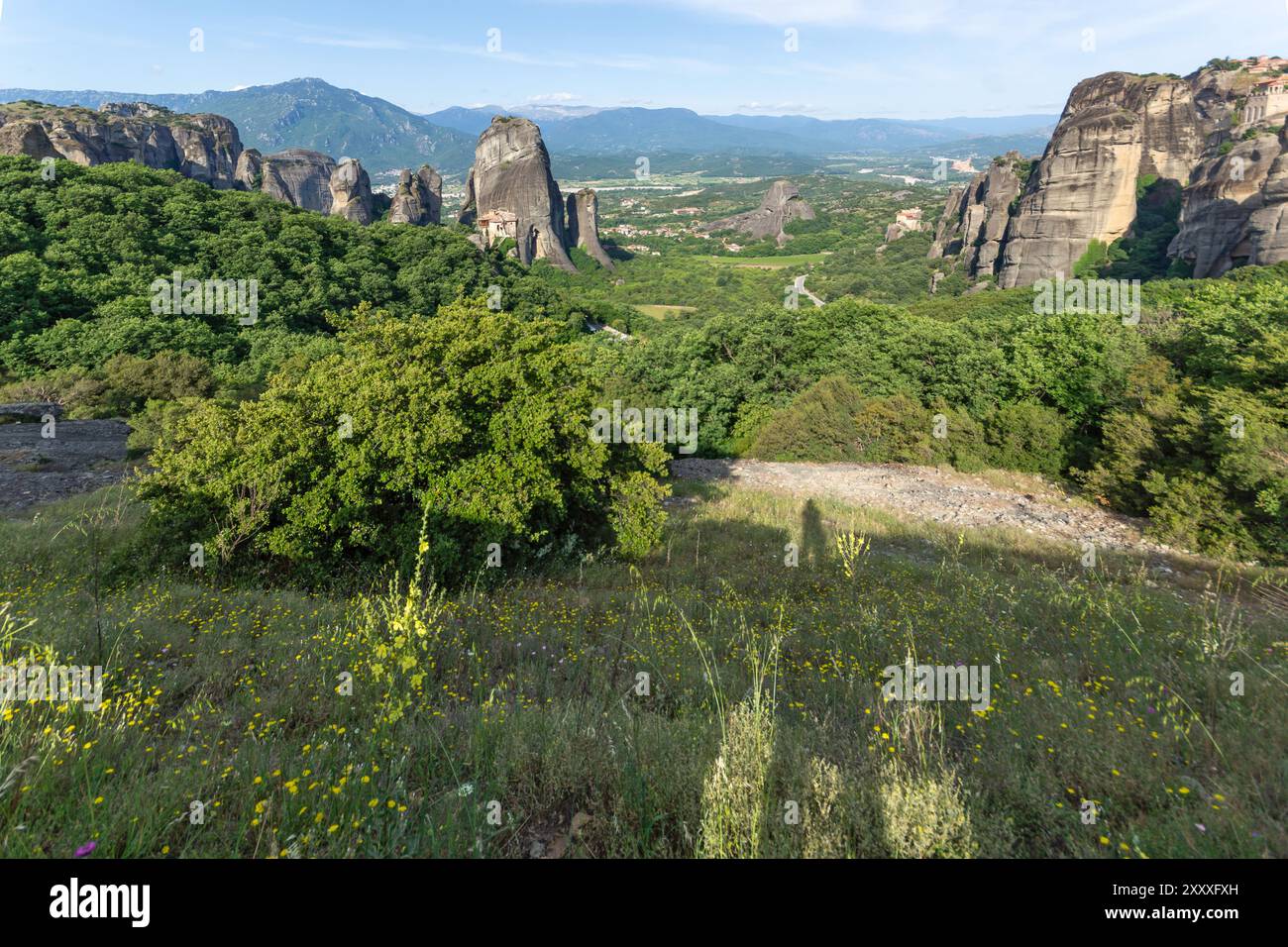 Spring Panoramic view of Meteora Monasteries, Thessaly, Greece Stock ...