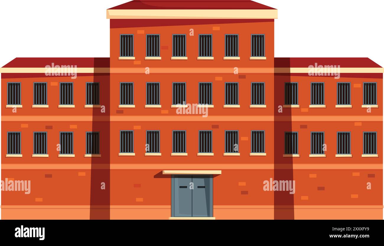 Illustration of a classic brick prison building with many barred ...