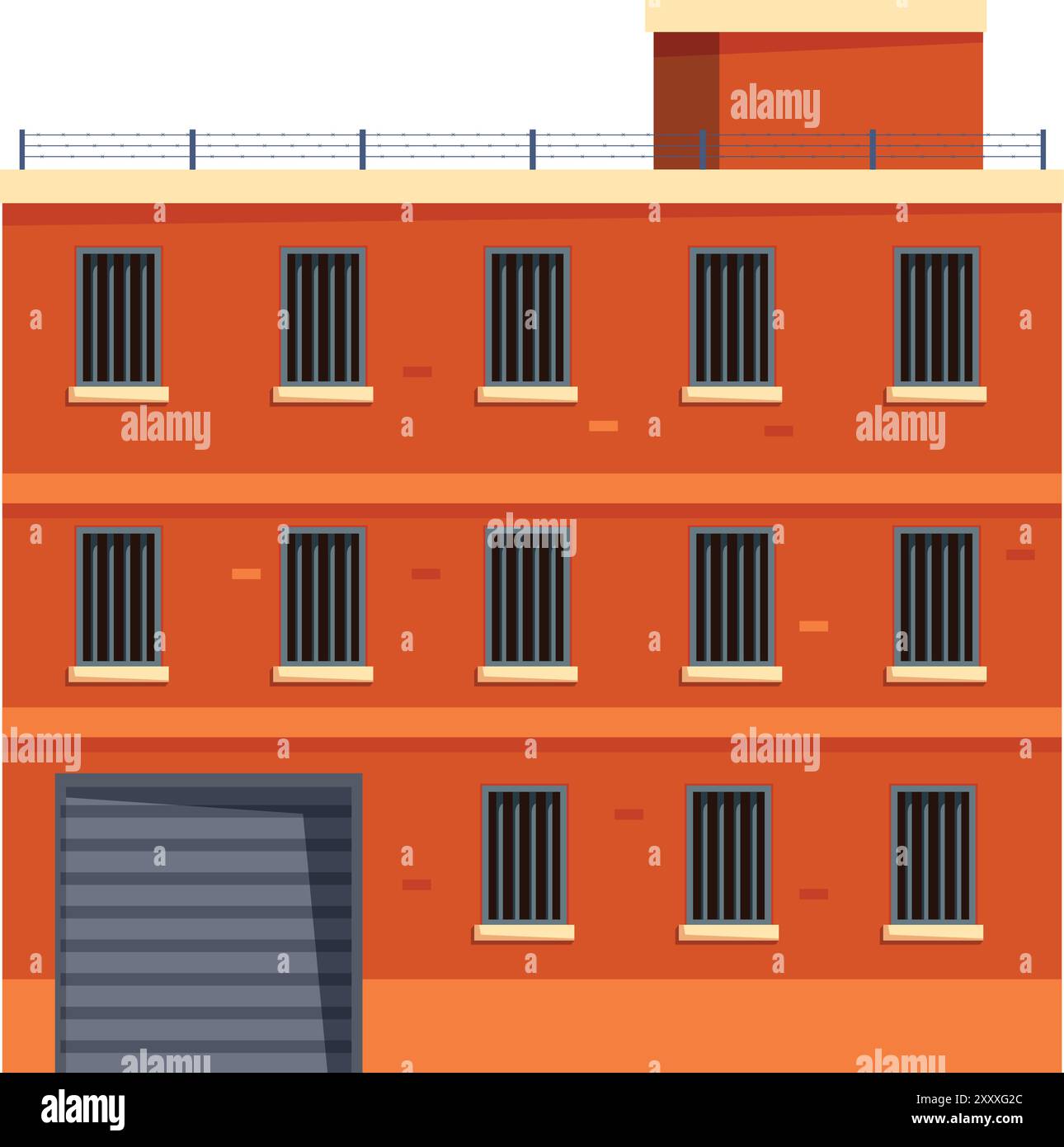Large brick prison building featuring barred windows and razor wire is ...