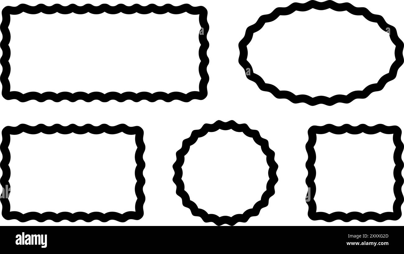 Set of rectangle, oval, round and square frames with wavy borders. Picture or mirror borders ...