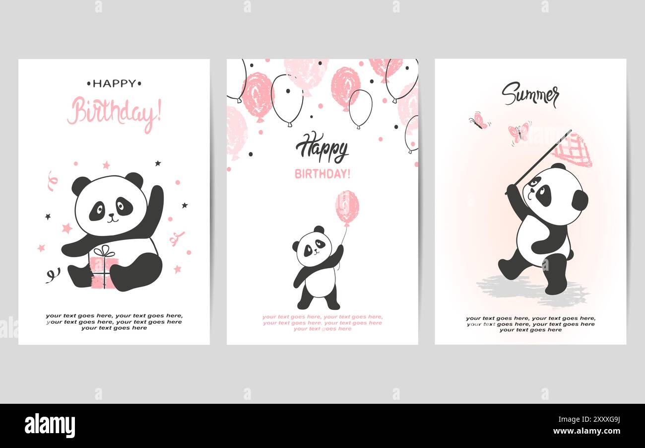 Set of Happy Birthday cards with cute panda bears. Vector illustration ...