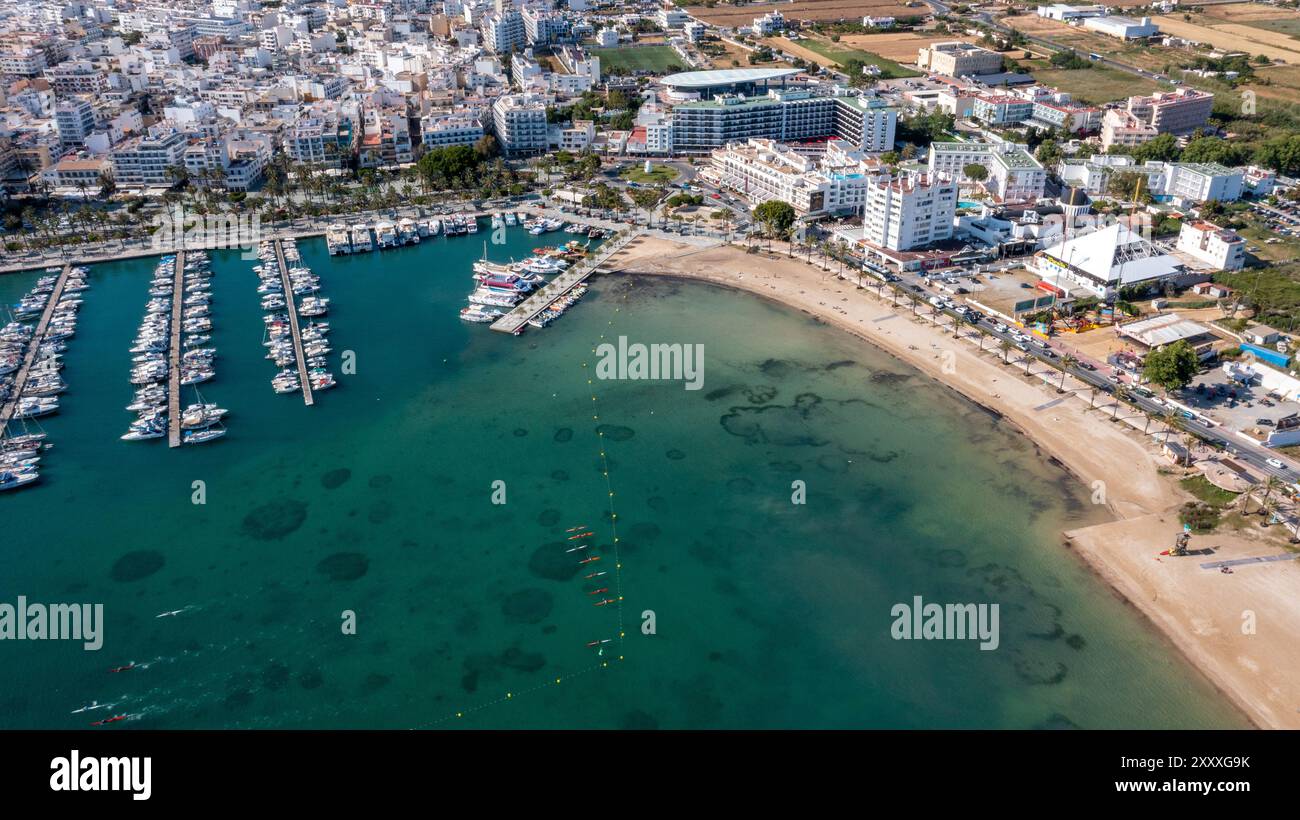 Aerial drone photo of a beach in the town of Sant Antoni de Portmany on ...