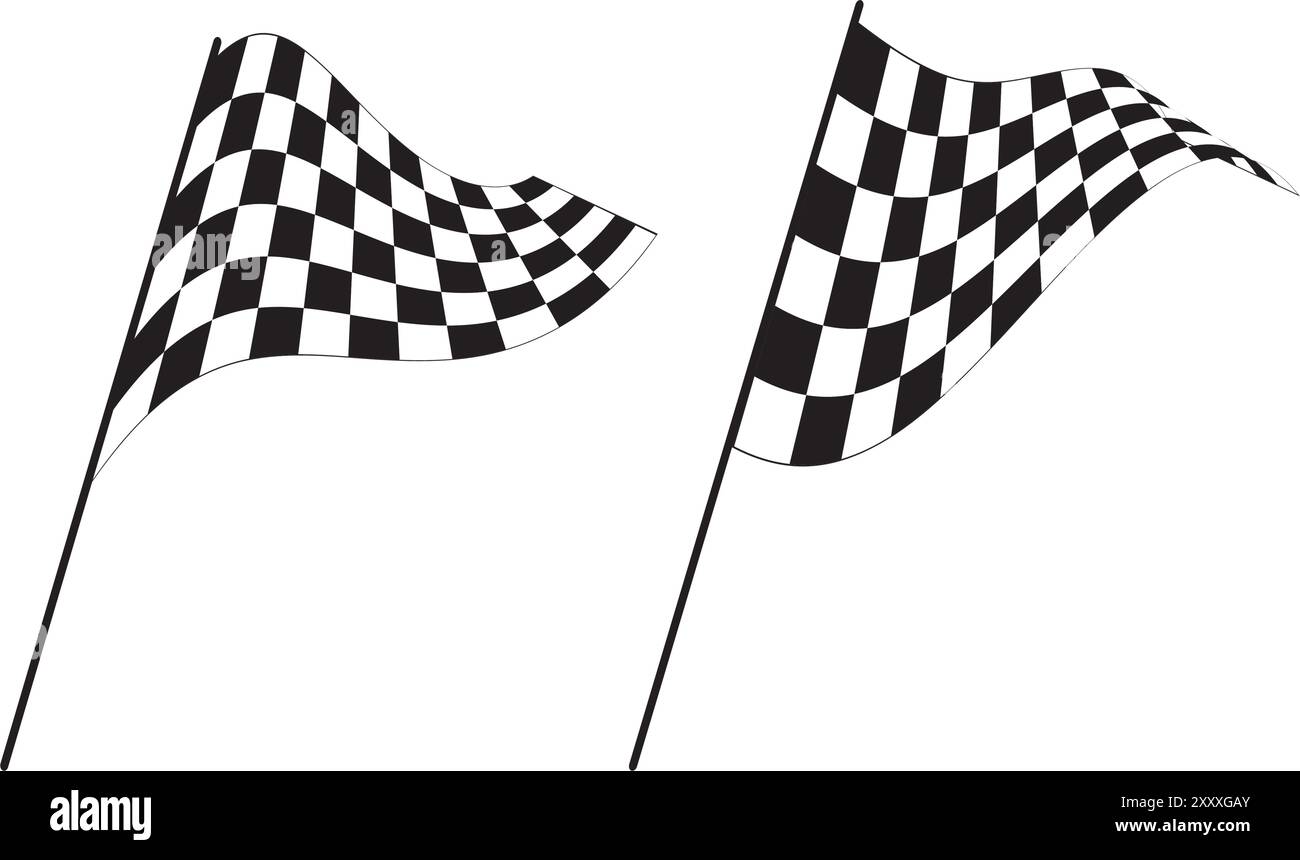 Wavy race flags with checkered black and white pattern. Start or finish symbols on sport car ...