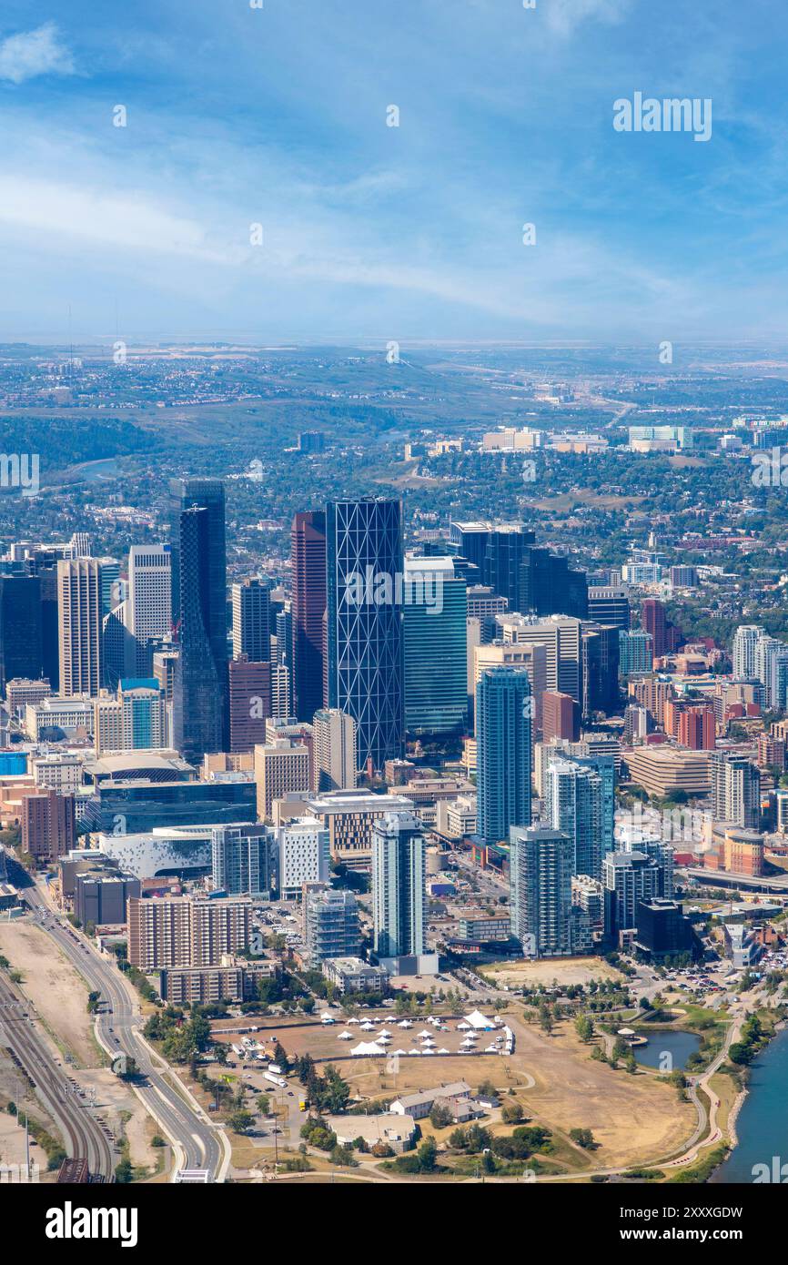 Aerial view of Calgary downtown skyline in Summer taken from an ...