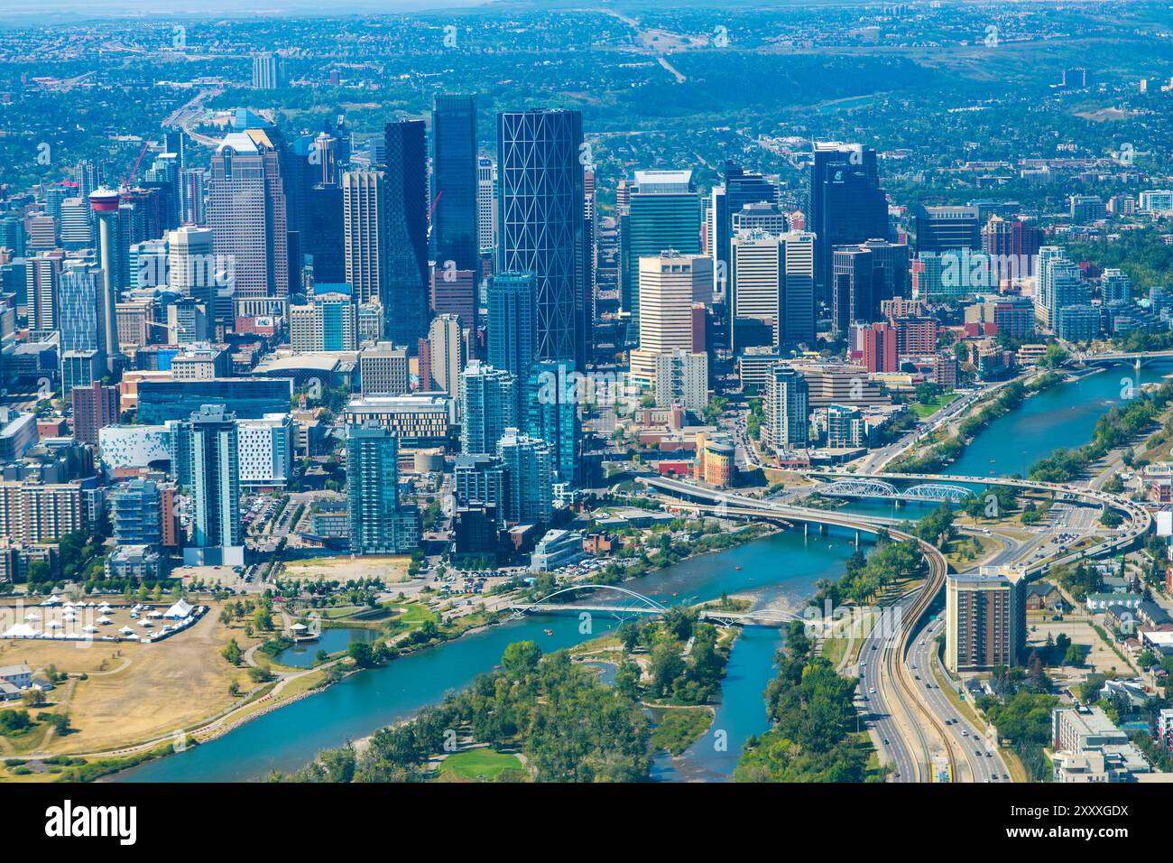 Aerial view of Calgary downtown skyline in Summer taken from an ...