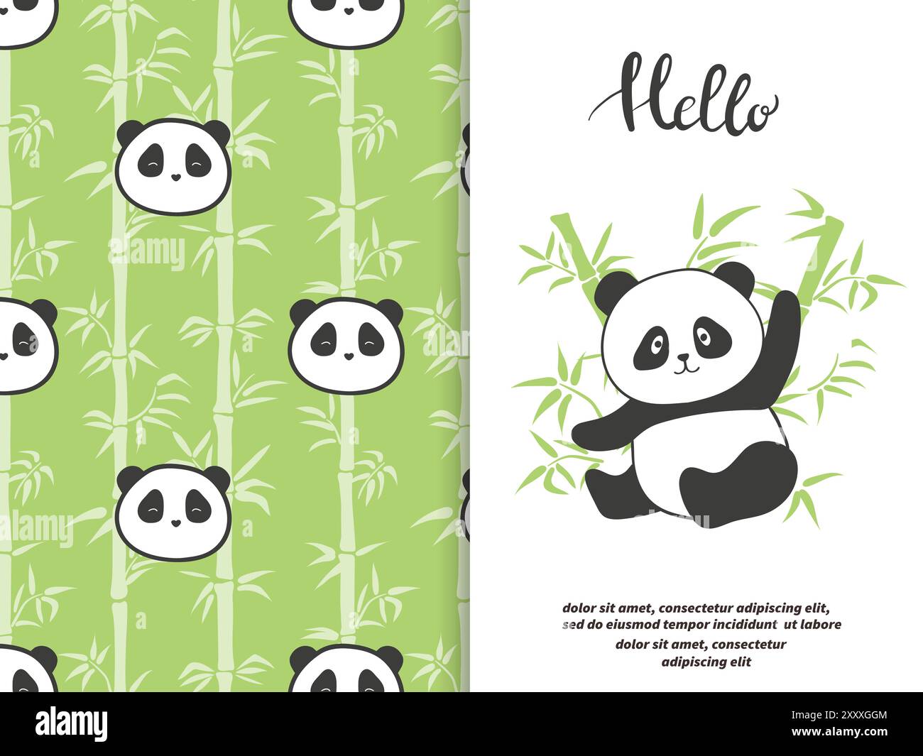 Cute panda bear vector illustration. Seamless bamboo pattern. Set for ...
