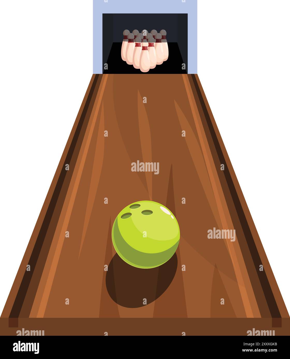 Green bowling ball is rolling down a bowling alley towards the pins ...