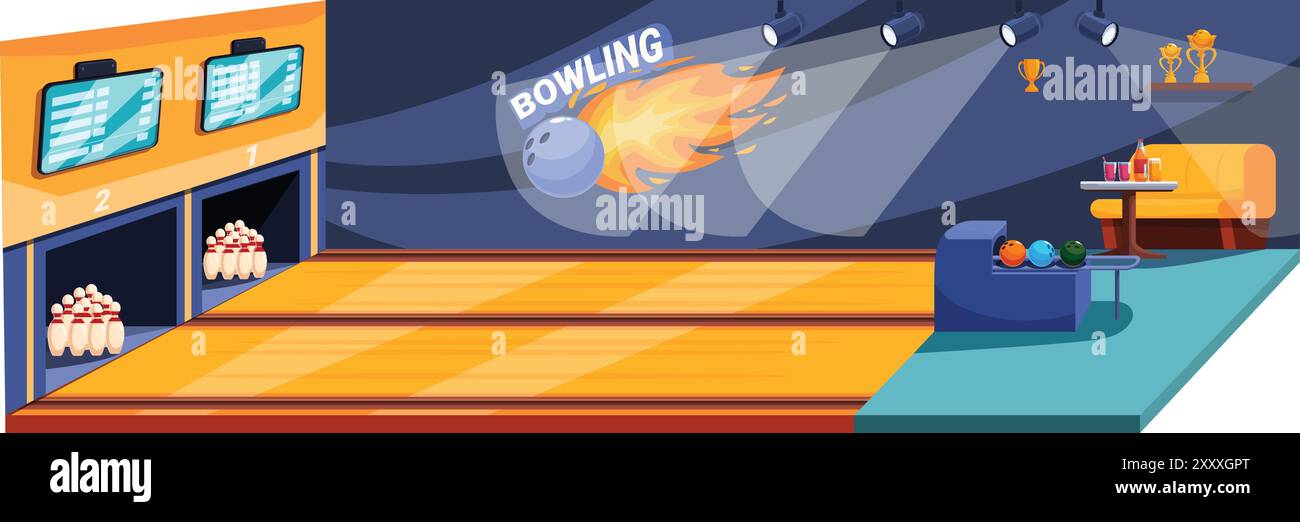 Bowling alley interior with ball on fire rushing to the pins, modern ...