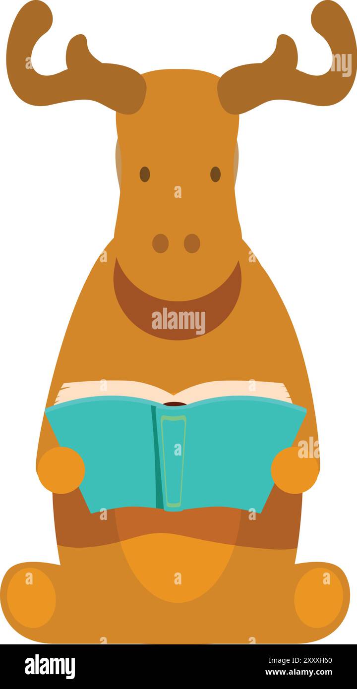Cute cartoon moose sitting cross legged and smiling while reading a ...