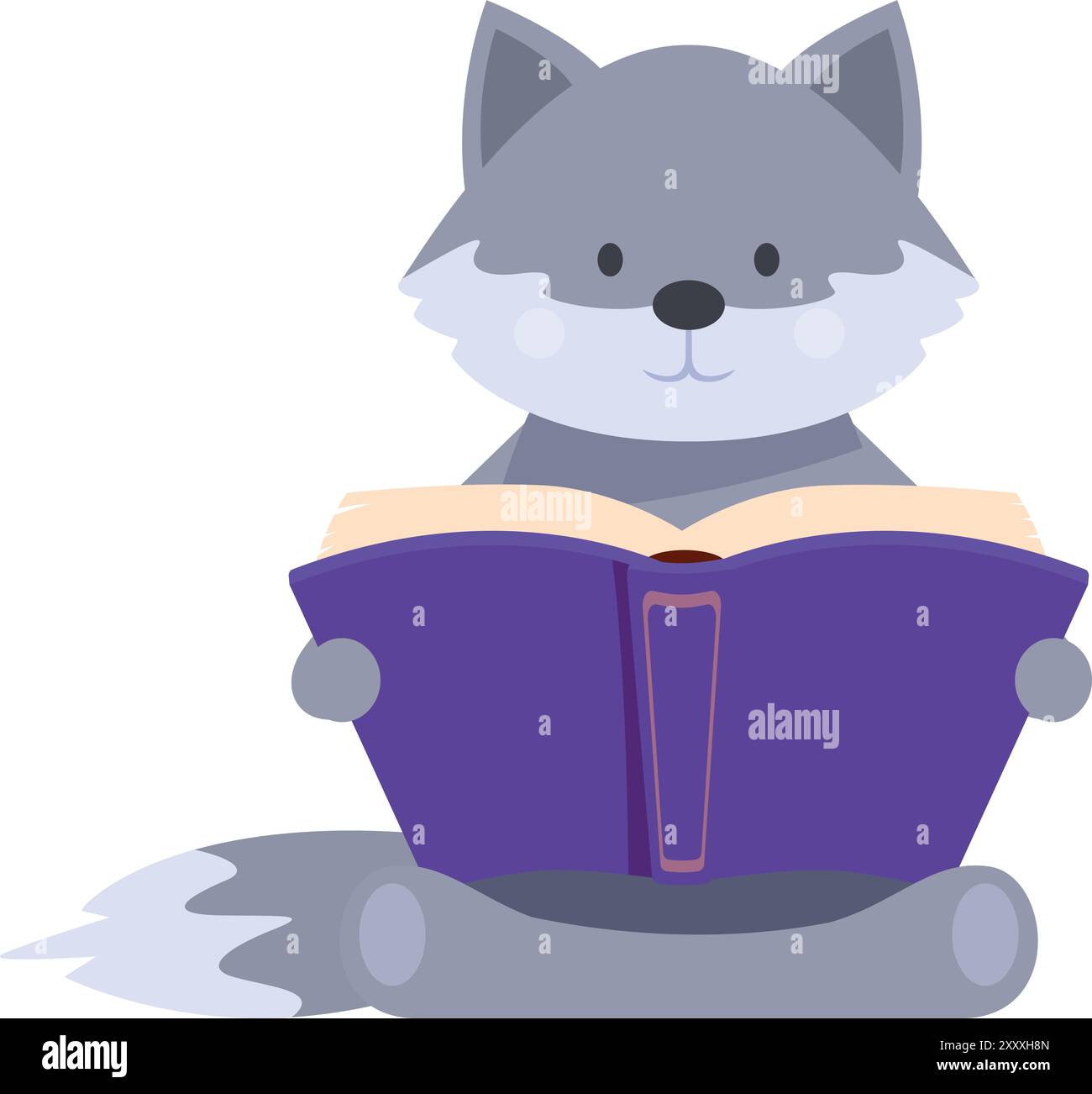 Smart grey wolf character is holding an open book, enjoying reading and ...