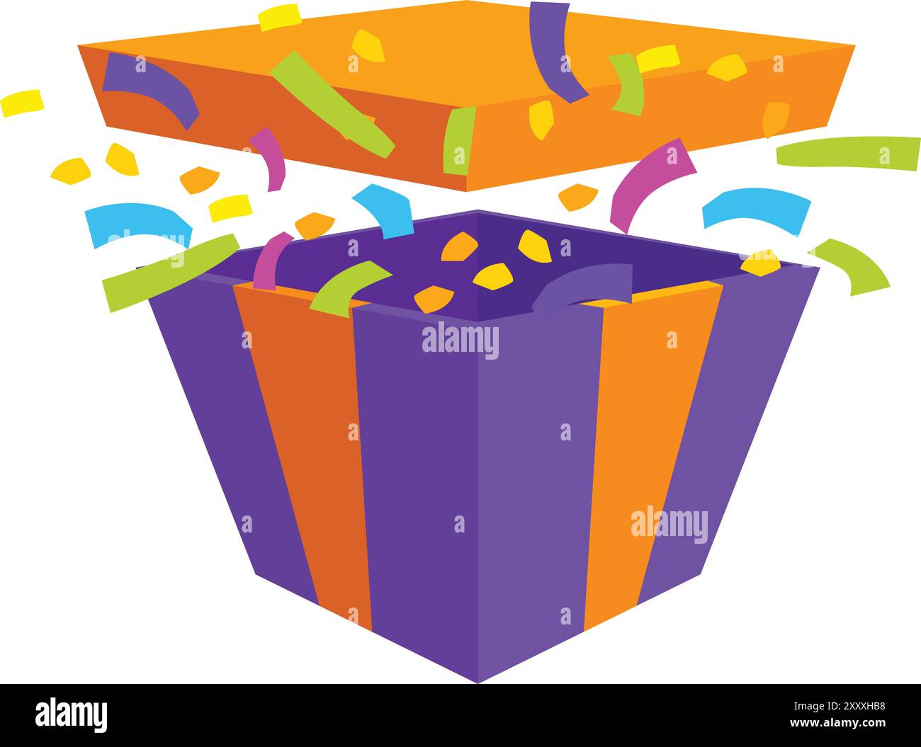 Colorful striped gift box exploding open with confetti and streamers ...