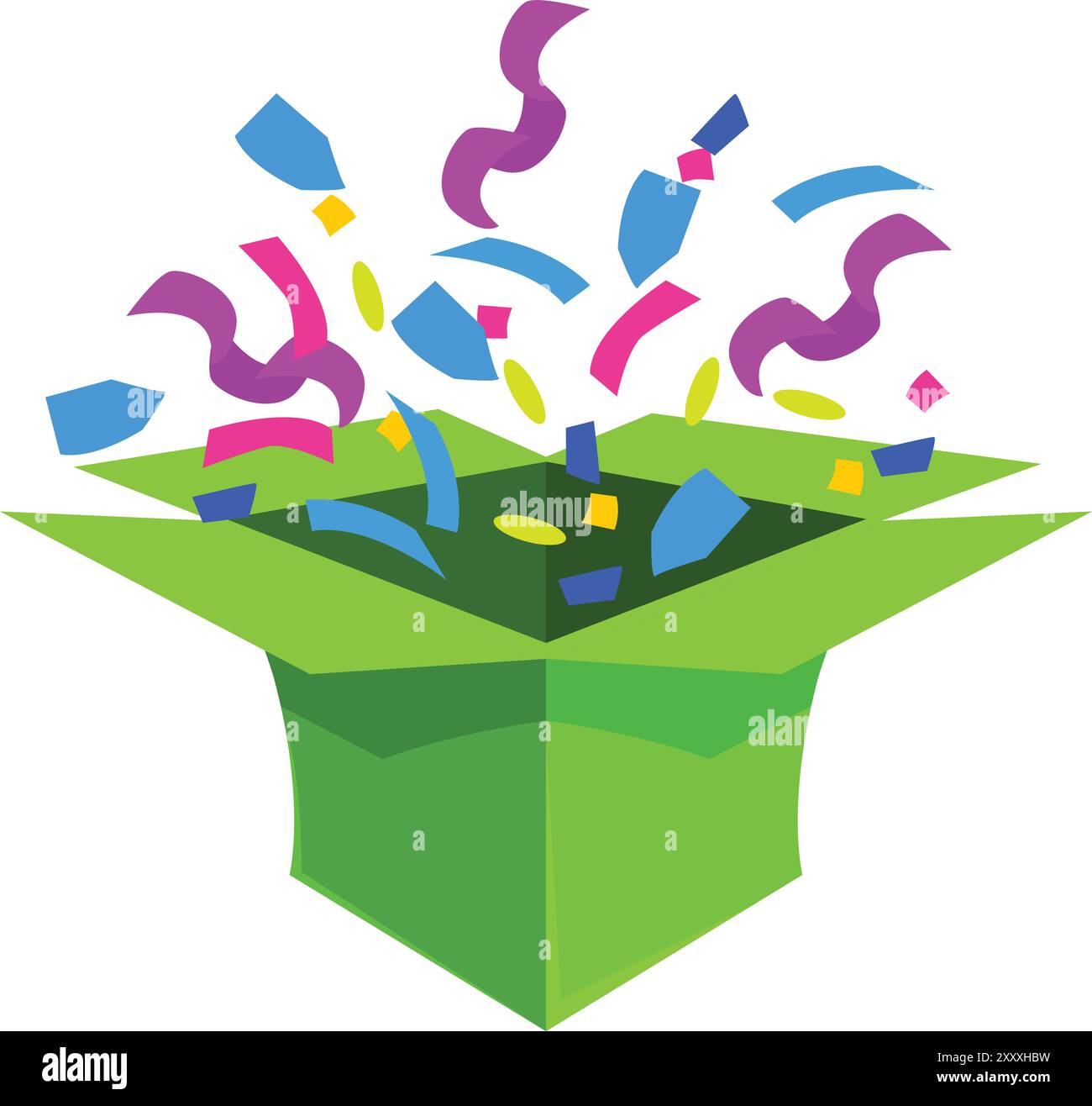 Green cardboard box exploding with colorful confetti on white ...