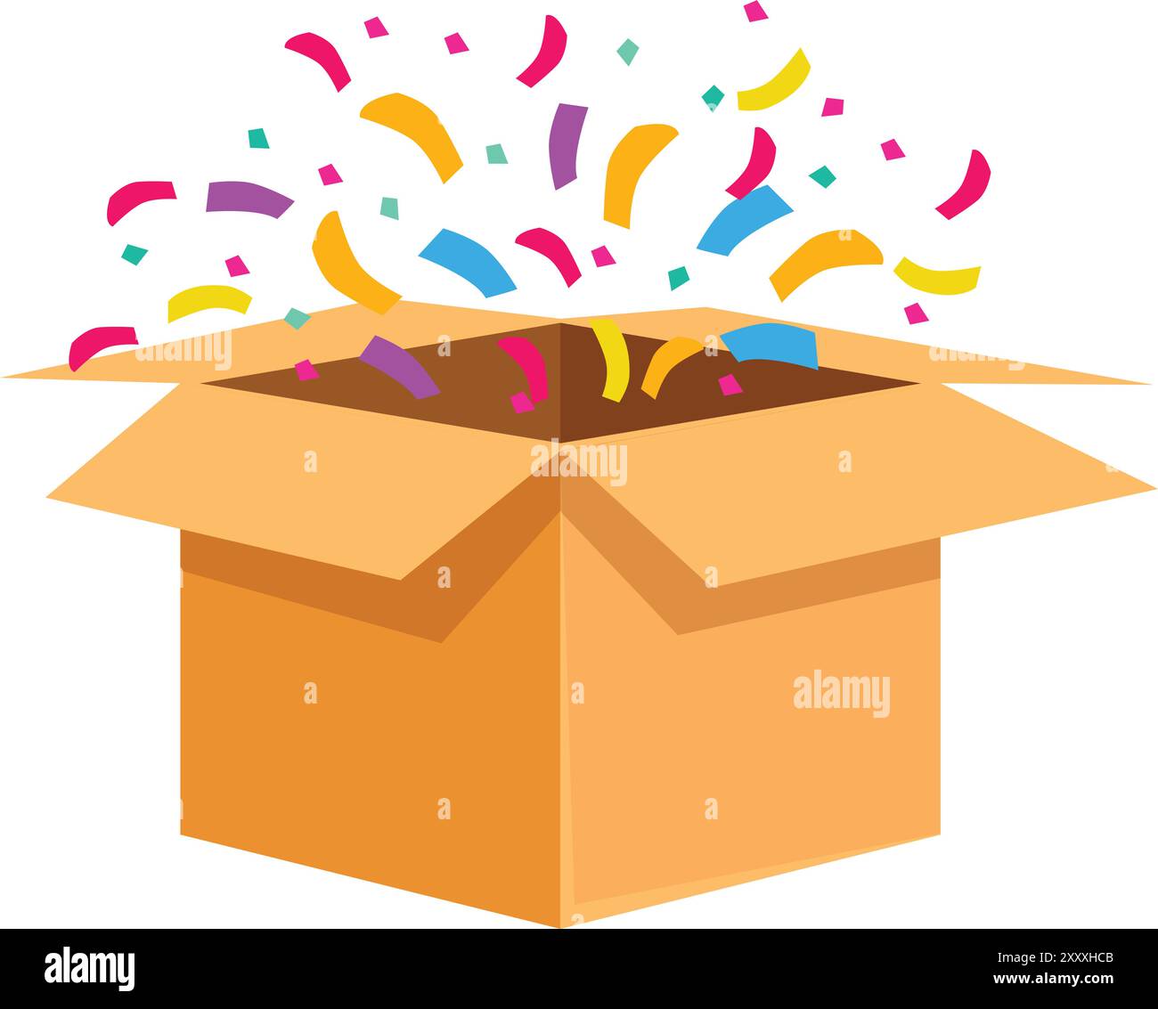 Open cardboard box exploding with colorful confetti on white background ...