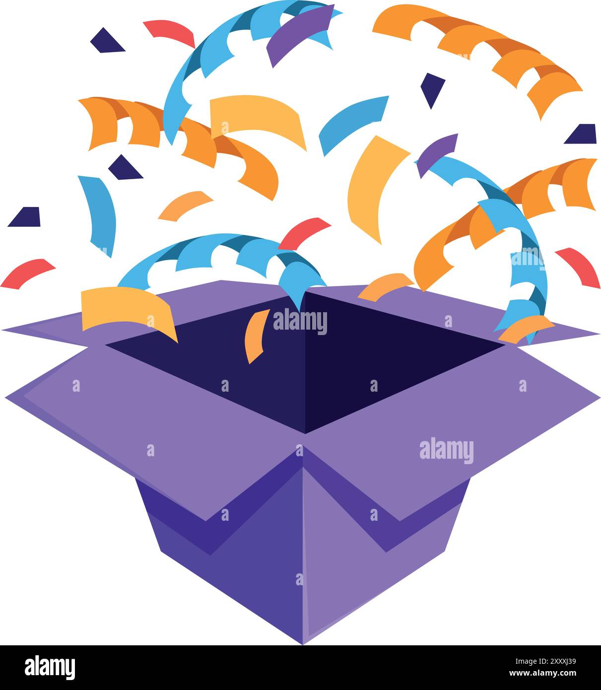 Open purple gift box exploding with colorful confetti on a white ...