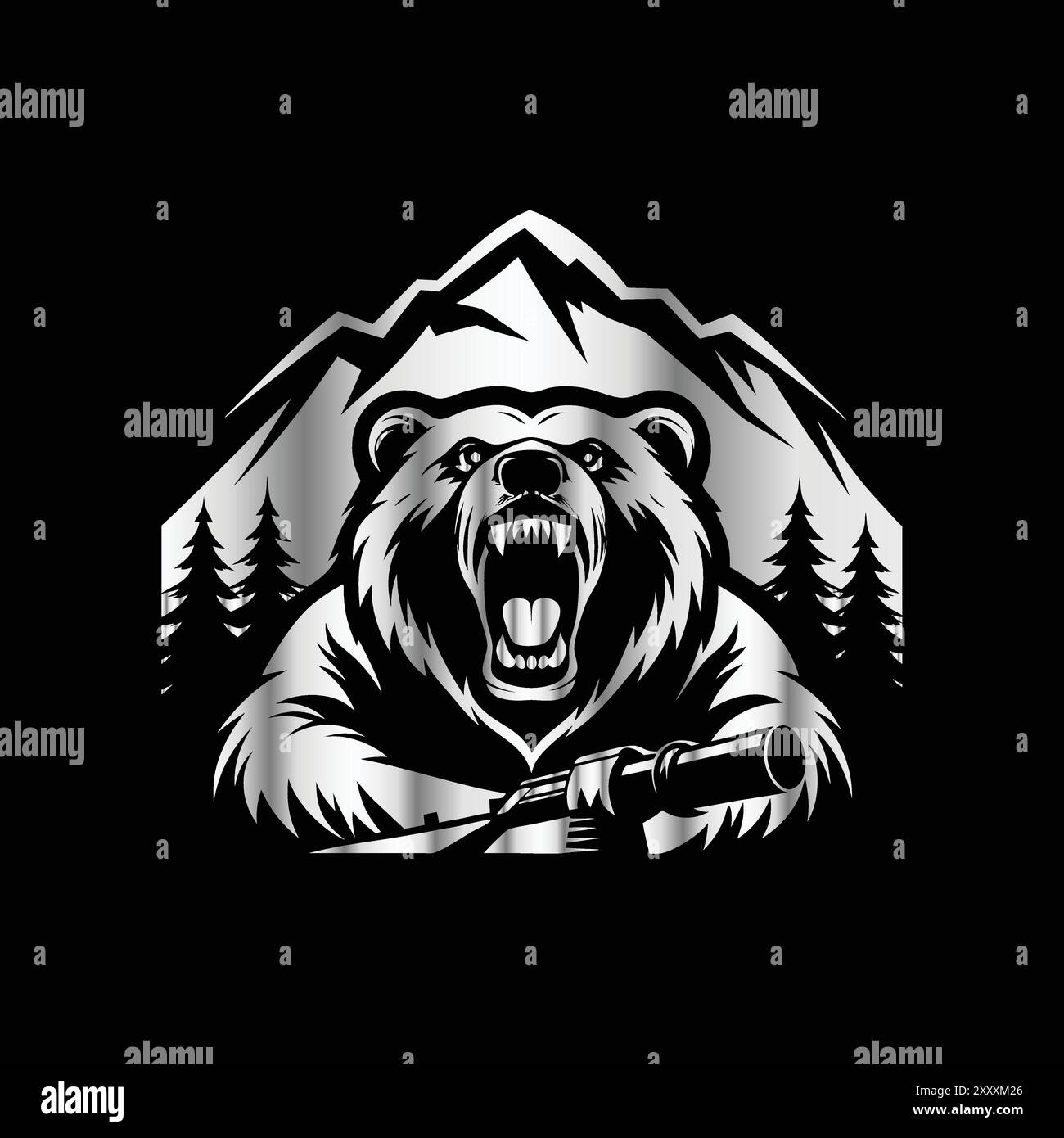 Bear hunter with gun and forest logo design vector template. Wild ...