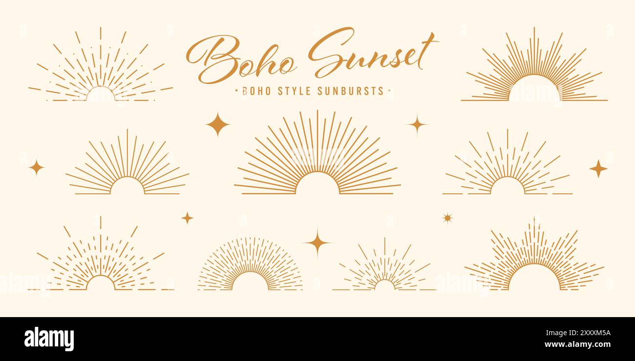 Vintage sunburst, sunset beams, half circle sunrise. Boho style, modern ...