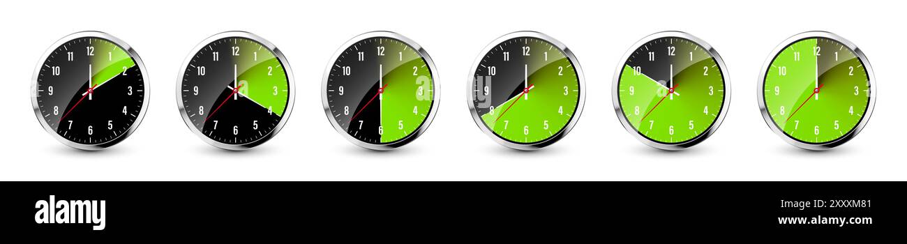 Wall clock, stopwatch icons. Shiny metal chronometer, time counter with ...