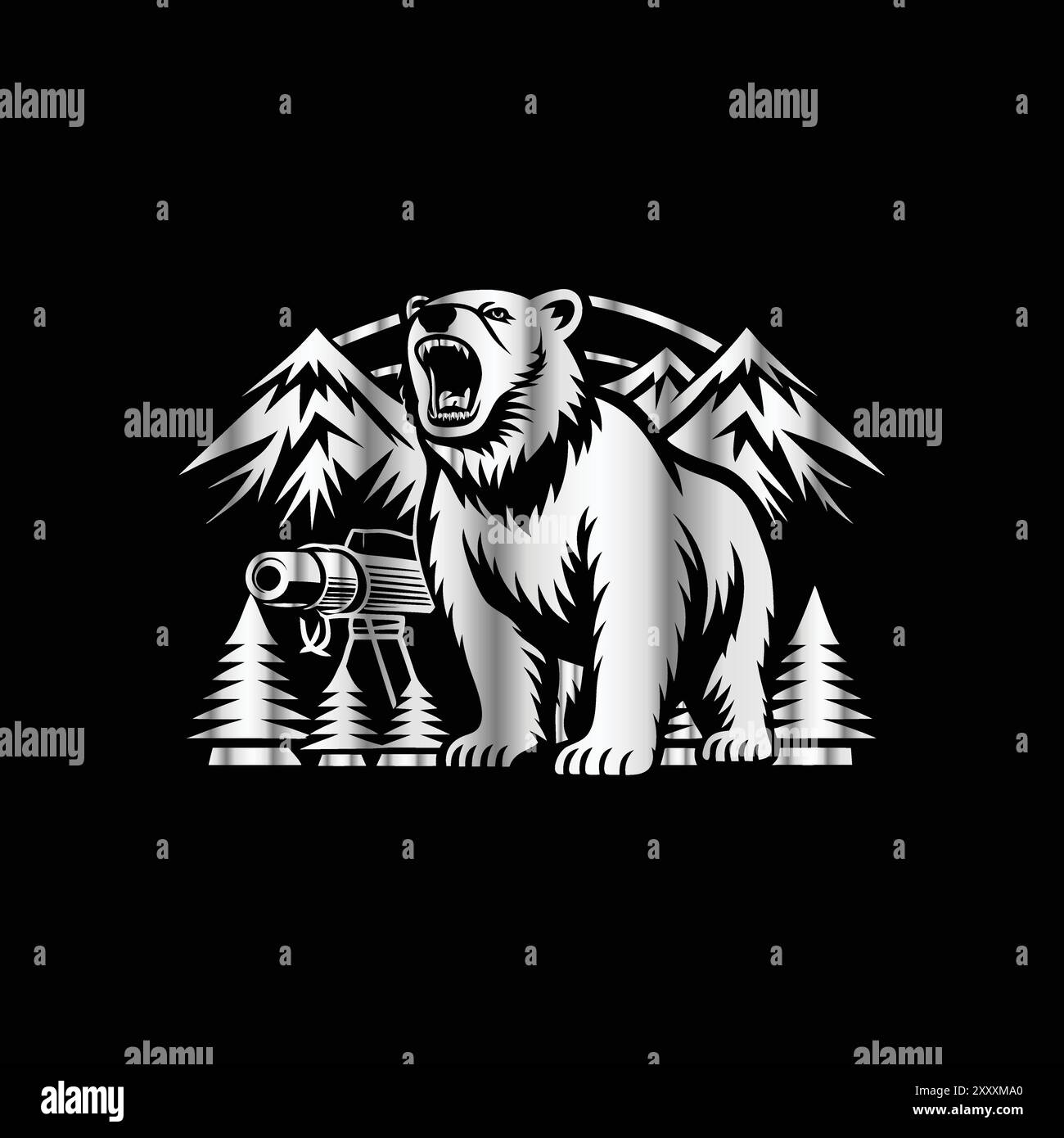 Bear hunter with gun and forest logo design vector template. Wild ...