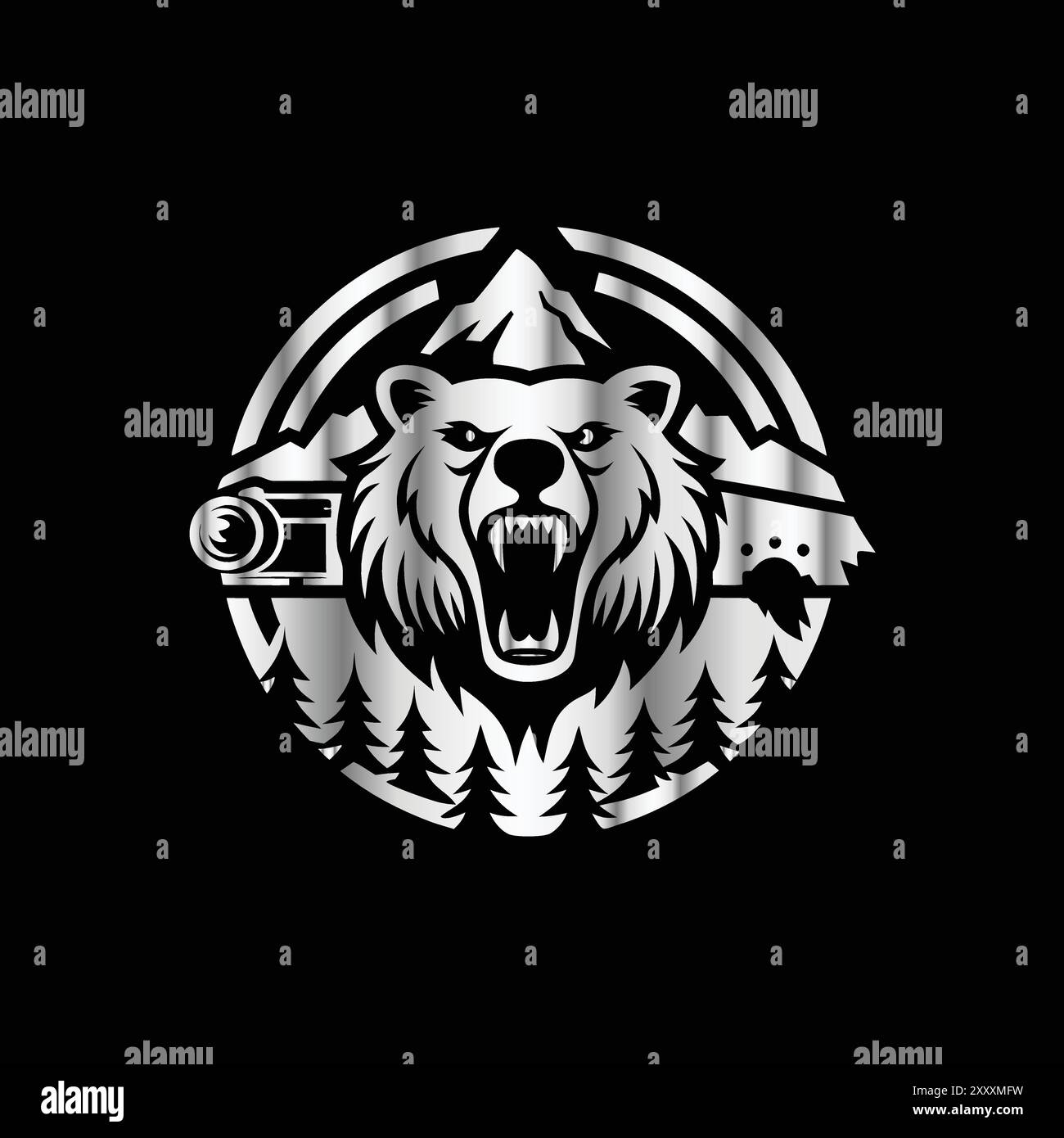 Bear hunter with gun and forest logo design vector template. Wild ...